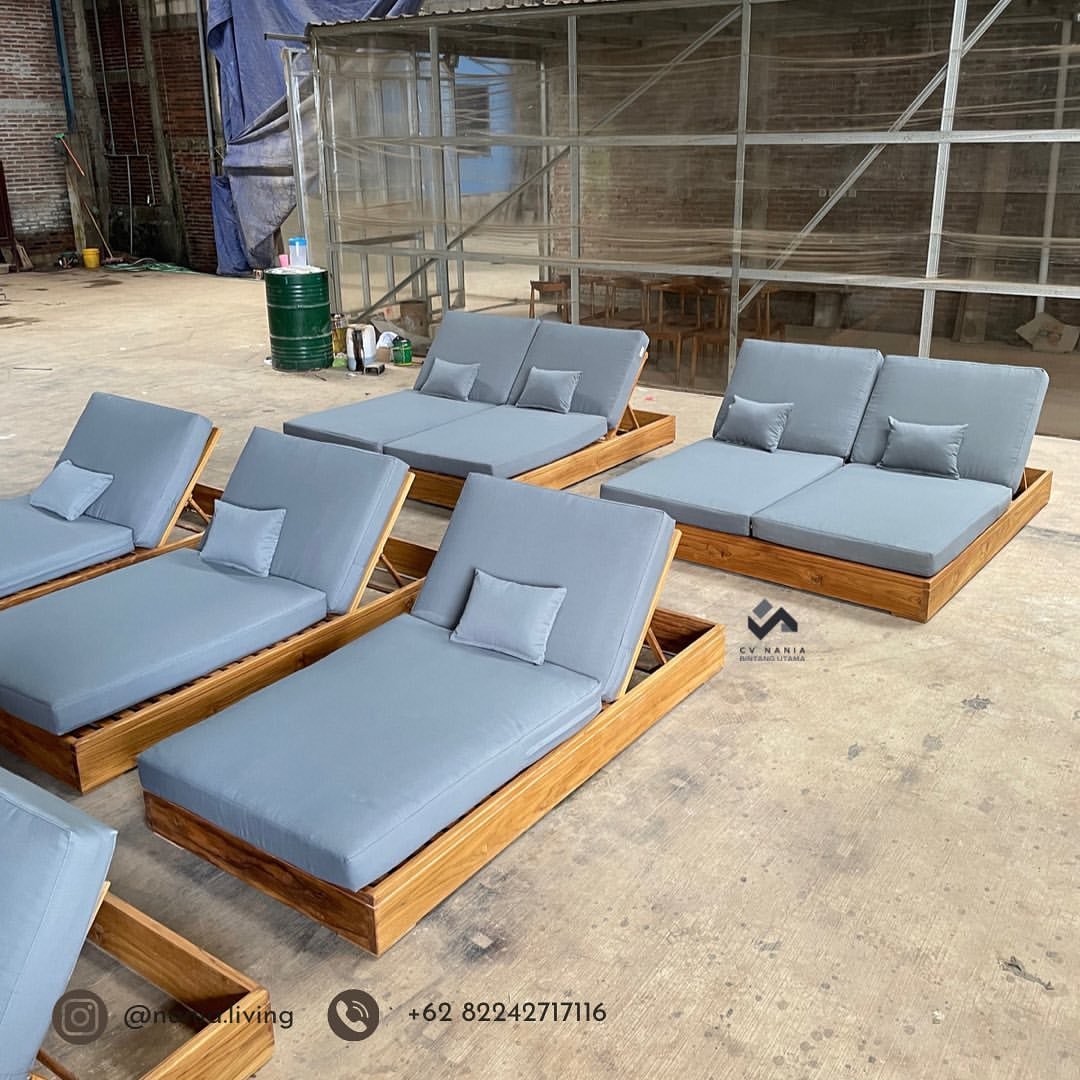 Double outdoor teak sun lounger with cushion - Nania Living